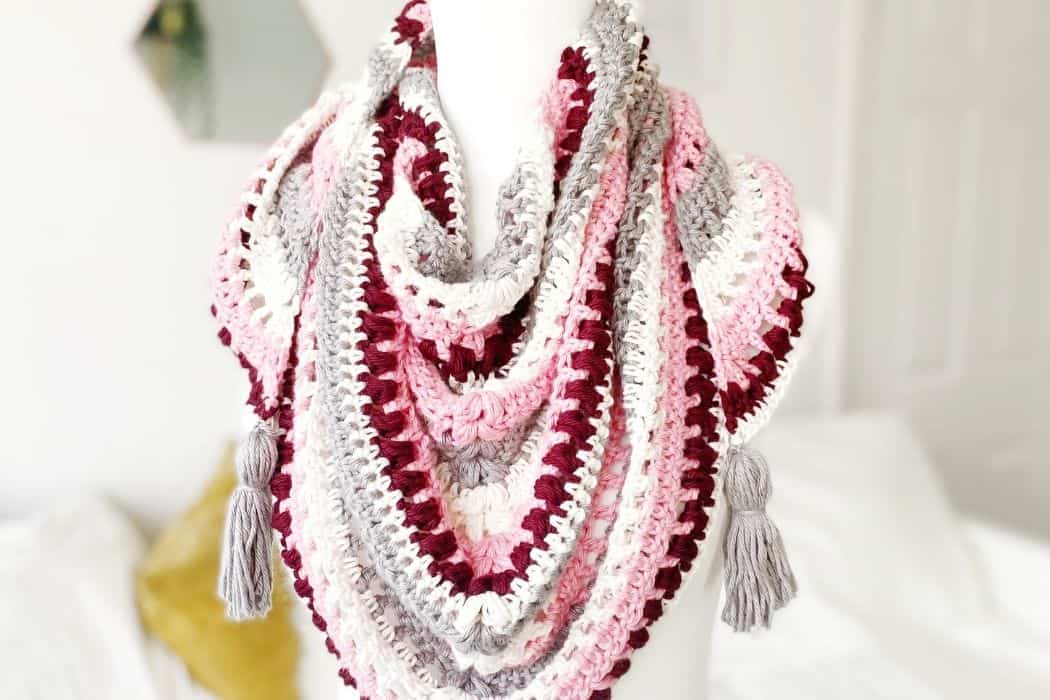 Cherry Blossom Triangle Shawl Crochet Pattern - Burgundy and Blush